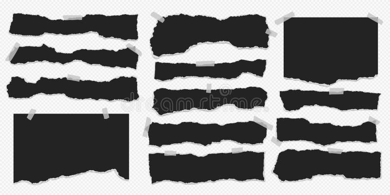 Set of Torn Black Note Paper Pieces with Sticky Tape are on Transparent ...