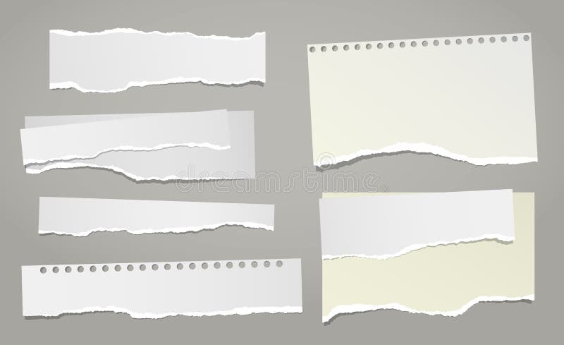 Set of Torn White Note, Notebook Paper Pieces Stuck on Grey Background ...