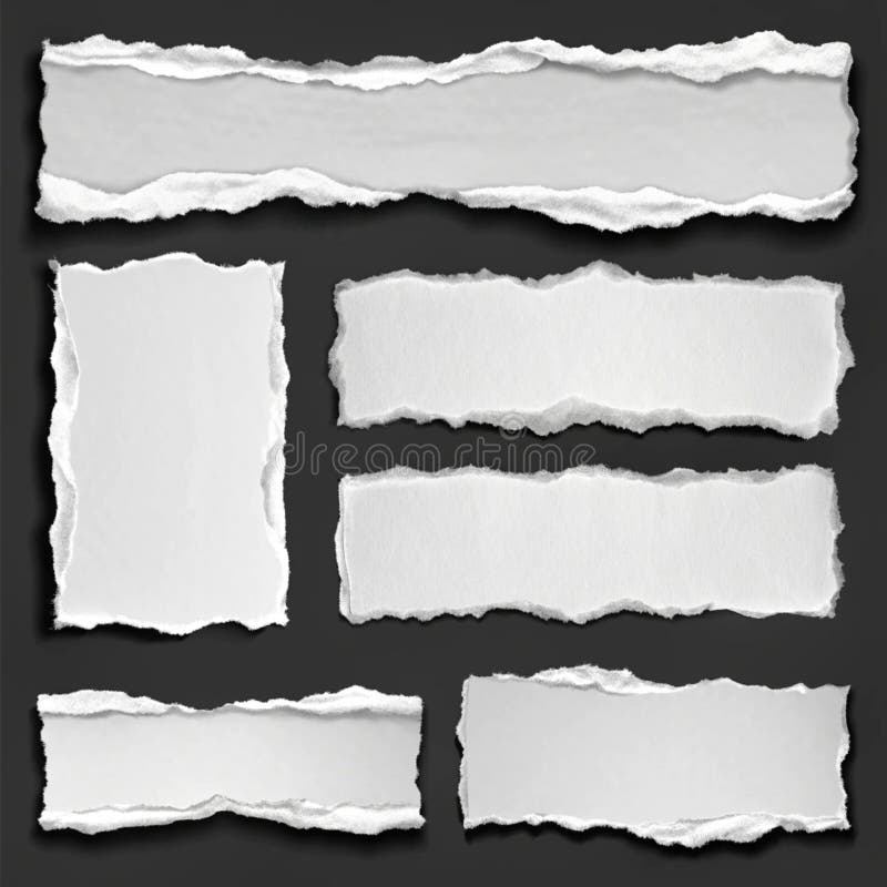 Set of Torn White Paper Sheets with Rough Edges on Black Background ...