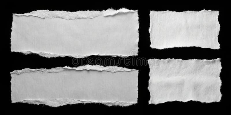 Set of Torn White Paper Sheets with Rough Edges on Black Background ...