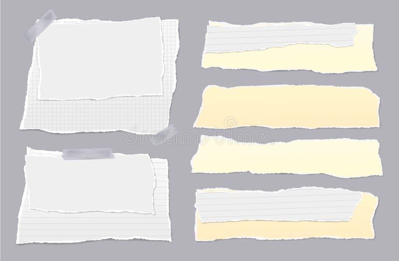 Set of Torn White and Yellow Note Paper Pieces are on Grey Background ...