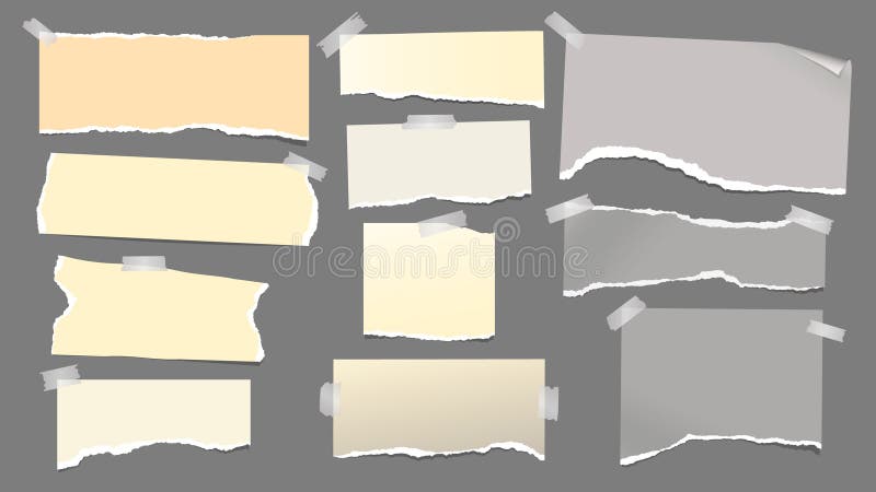Set of Torn Yellow, Grey Note, Notebook Paper Pieces Stuck on Dark Grey ...