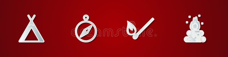 Set Tourist Tent, Compass, Burning Match with Fire and Campfire Icon ...