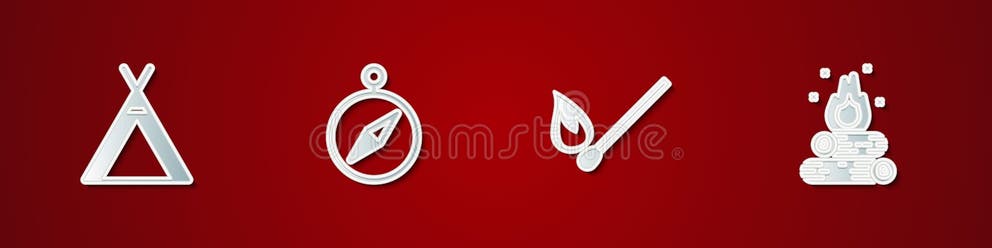 Set Tourist Tent, Compass, Burning Match with Fire and Campfire Icon ...
