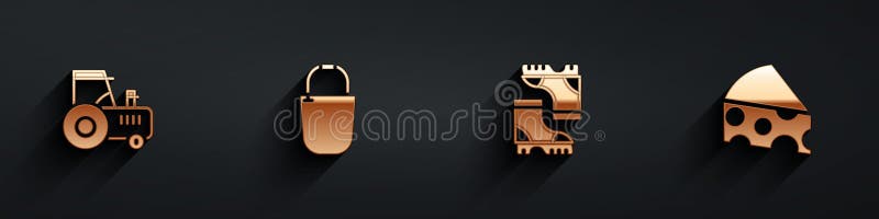 Set Tractor, Bucket, Waterproof Rubber Boot and Cheese Icon with Long ...