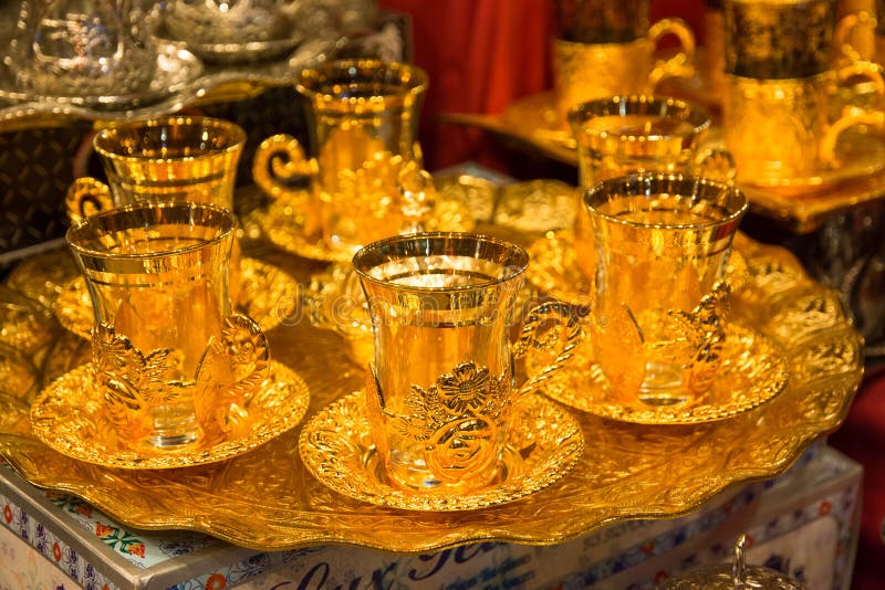Set of Traditional Turkish Tea Glasses on a Golden Tray Stock Photo ...