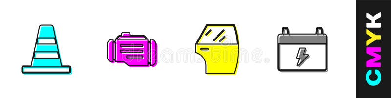 Set Traffic Cone, Check Engine, Car Door and Battery Icon. Vector Stock ...