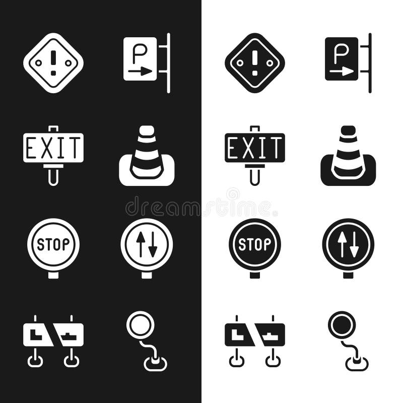 Set Traffic Cone, Fire Exit, Exclamation Mark in Triangle, Parking ...