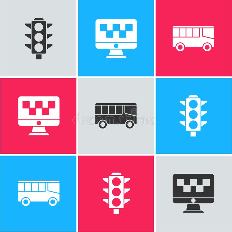 Set Traffic Light, Computer Call Taxi Service and Bus Icon. Vector ...
