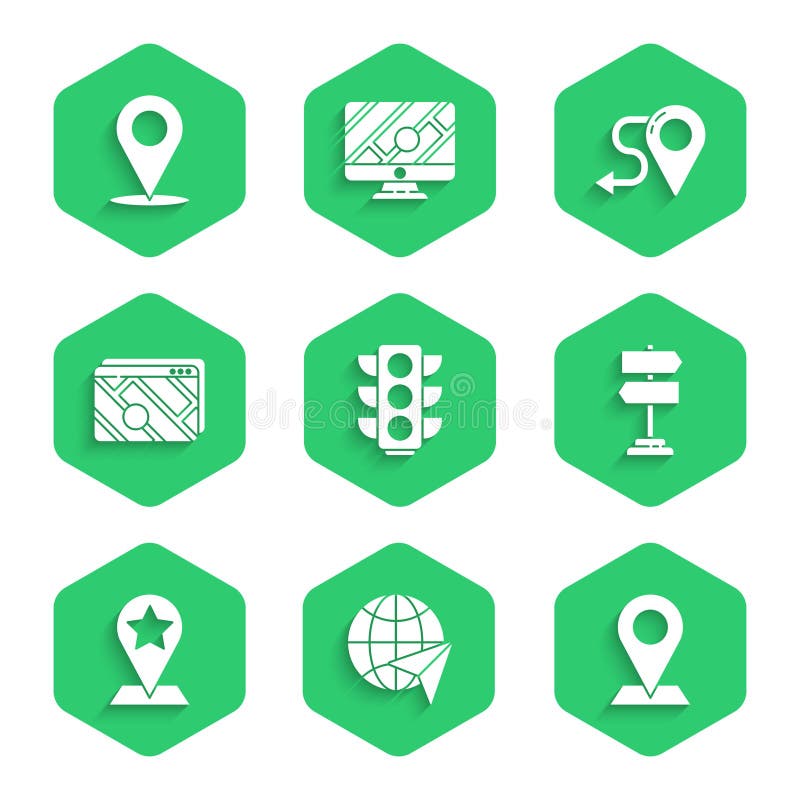 Set Traffic Light, Globe with Flying Plane, Location, Road Traffic Sign ...