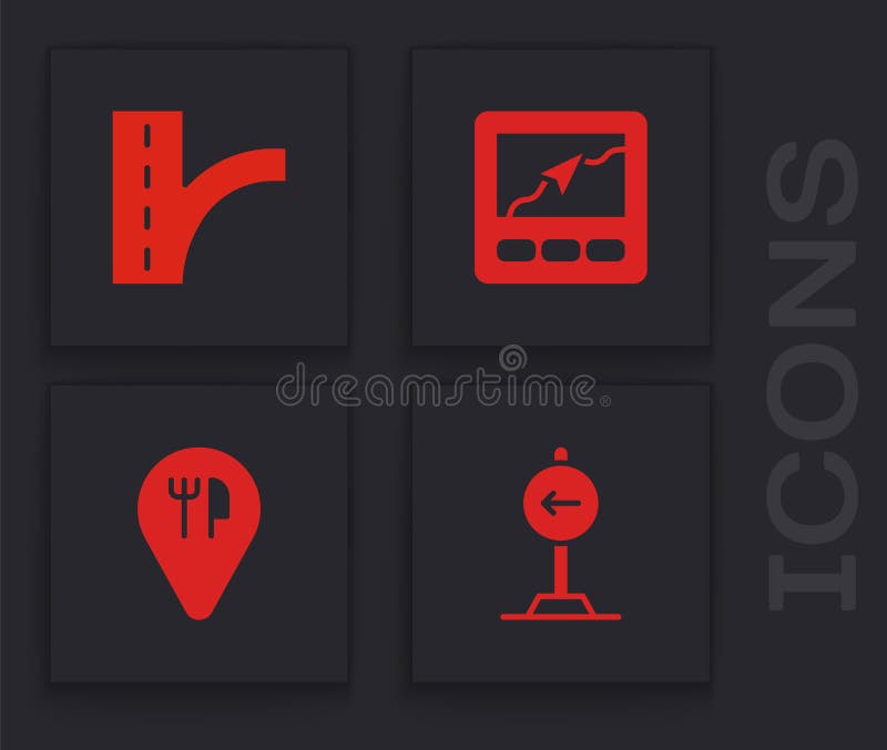 Set Traffic Sign Turn Left, Road Traffic, Gps Device with Map and Cafe ...