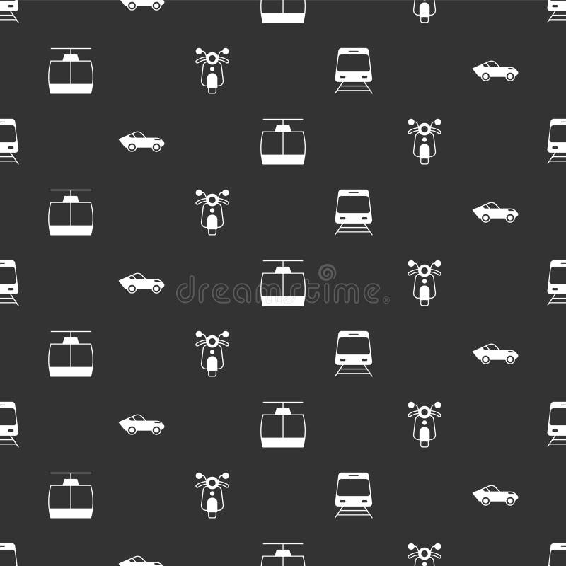 Set Train and Railway, Car, Cable Car and Scooter on Seamless Pattern ...