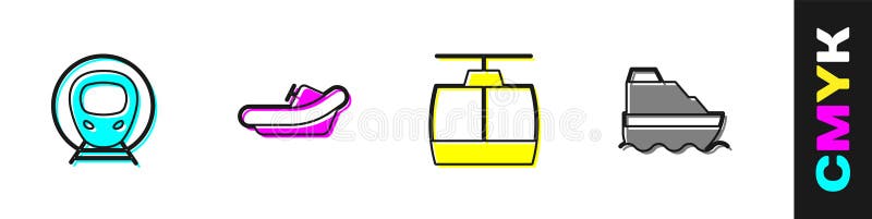 Set Train and Railway, Rafting Boat, Cable Car and Cruise Ship Icon ...