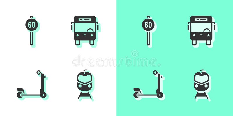 Set Train and Railway, Speed Limit Traffic, Scooter and Bus Icon ...