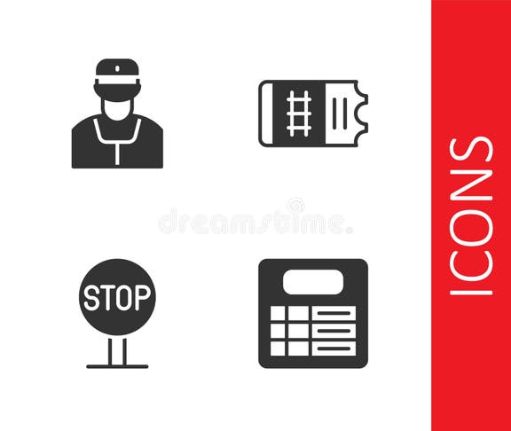 Set Train Station Board, Conductor, Stop Sign and Ticket Icon. Vector ...