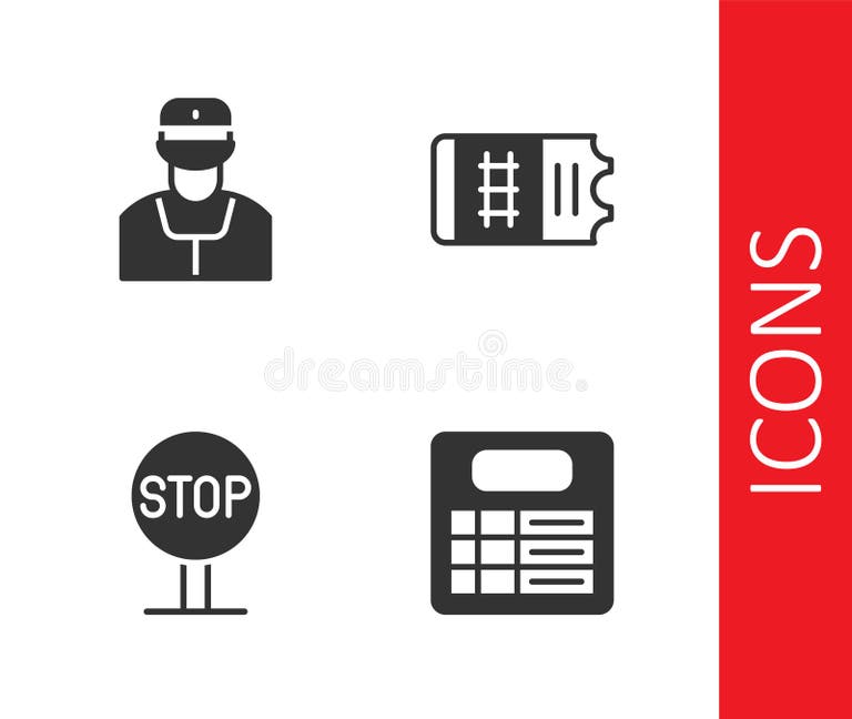 Set Train Station Board, Conductor, Stop Sign and Ticket Icon. Vector ...