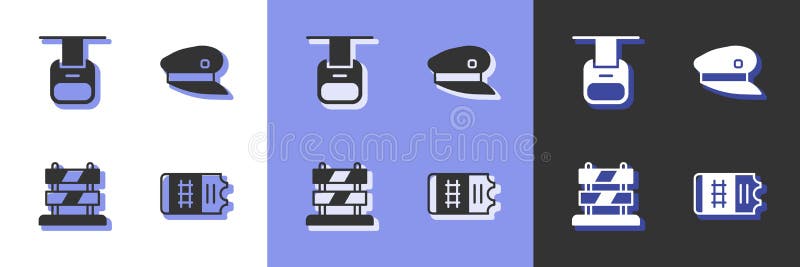 Set Train Ticket, Cable Car, End of Railway Tracks and Driver Hat Icon ...