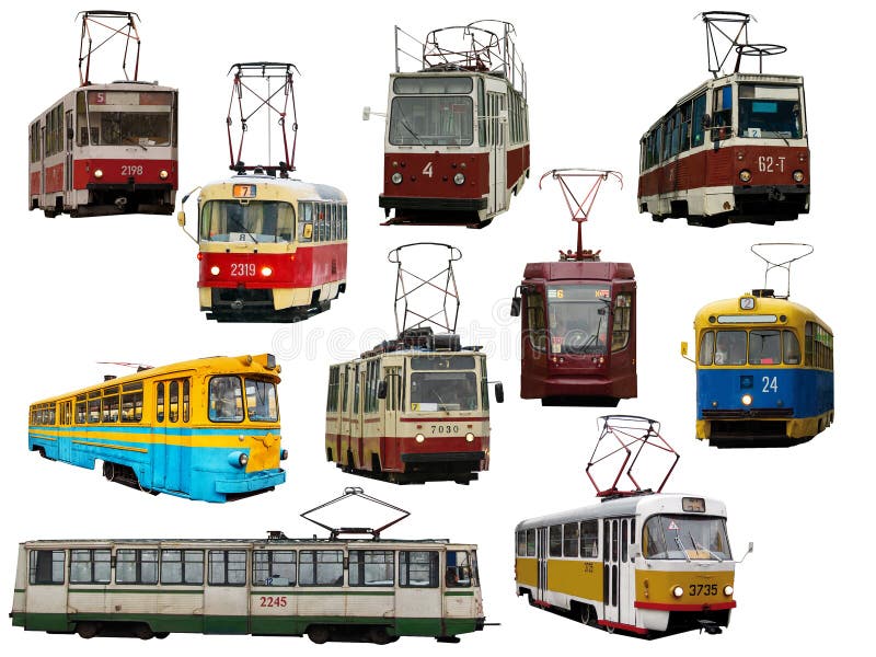 Set of Trams. Trams Isolated Pack. Urban Vehicles Collection Stock ...