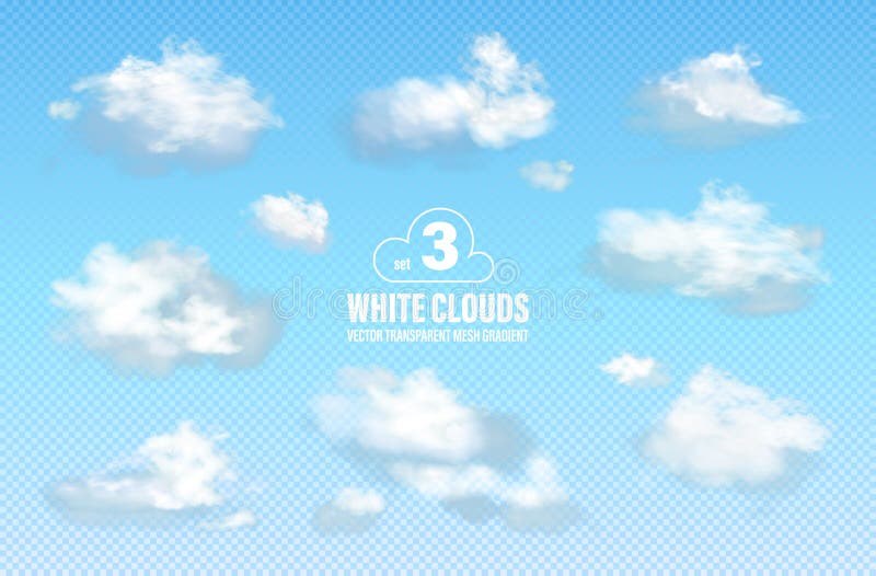 Set 3 of Transparent Different Clouds Isolated on Blue Background. Real ...