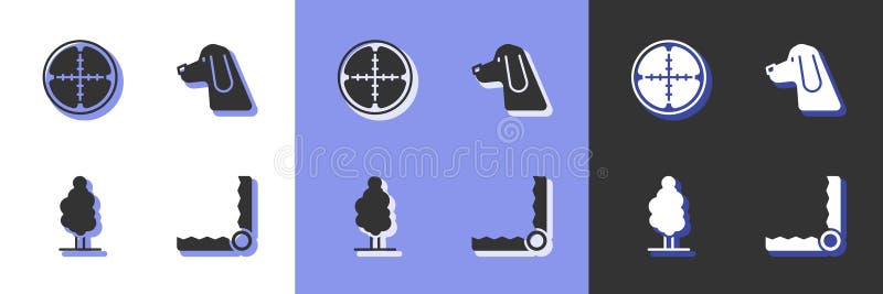 Set Trap Hunting, Sniper Optical Sight, Tree and Hunting Dog Icon ...