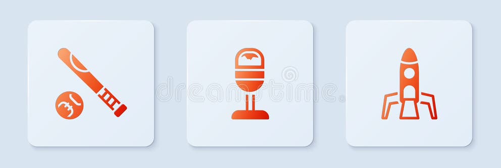 Set Trash Can, Baseball Bat with Ball and Rocket Ship. White Square ...