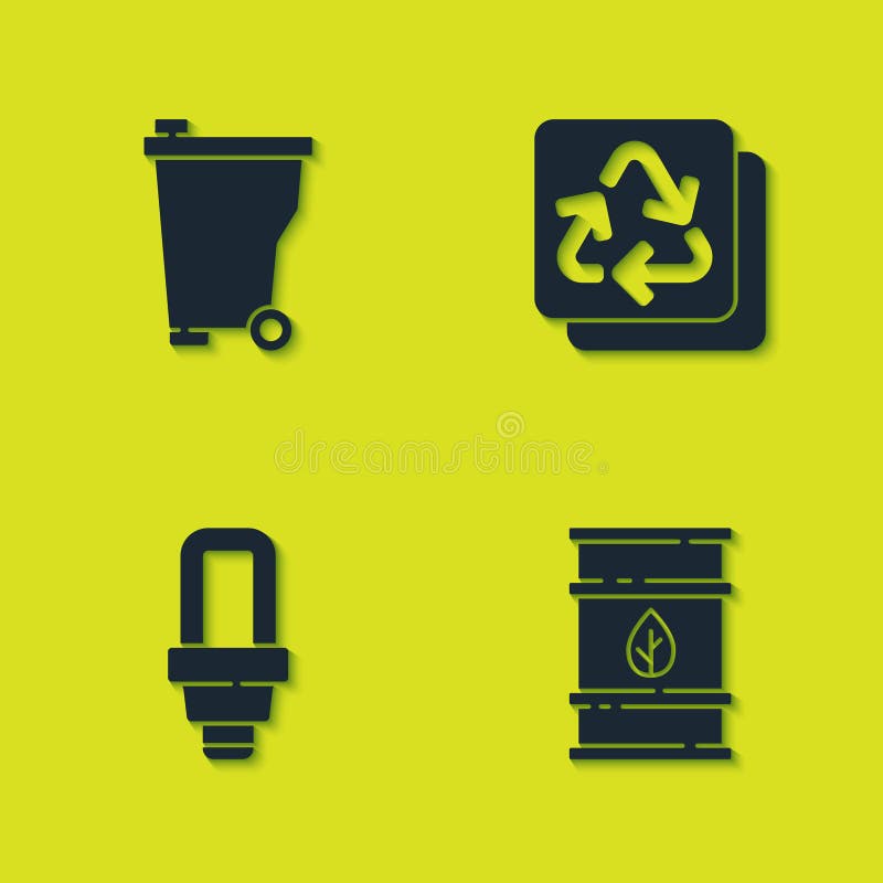 Set Trash Can, Bio Fuel Barrel, LED Light Bulb and Recycle Icon. Vector ...