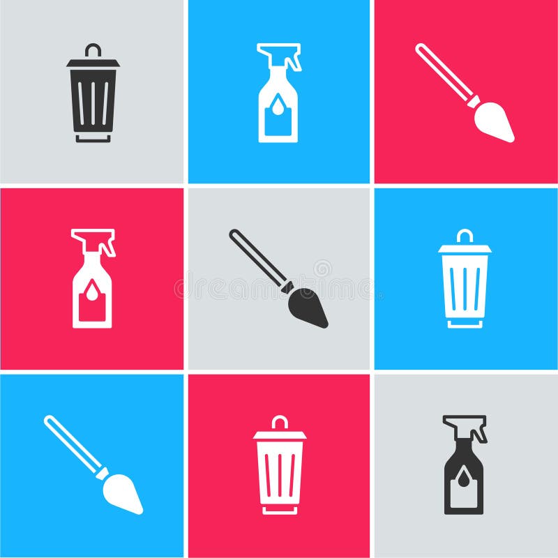 Set Trash Can, Cleaning Spray Bottle and Handle Broom Icon. Vector ...