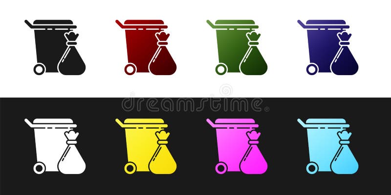 Set Trash Can And Garbage Bag Icon Isolated On Black And White Background Garbage Bin Sign