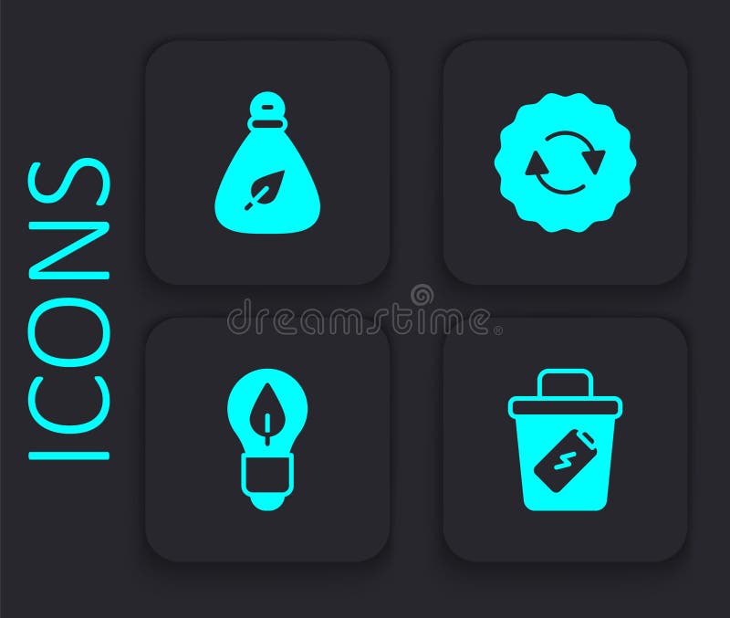 Set Trash Can, Garbage Bag, Recycle Symbol and Light Bulb with Leaf ...