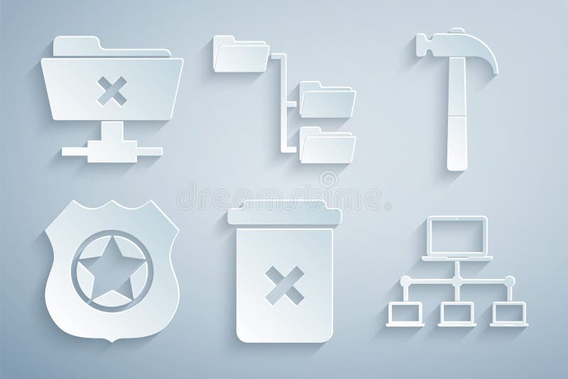Set Trash Can, Hammer, Police Badge, Computer Network, Folder Tree and ... Set Trash Can, Hammer, Police Badge, Computer Network, Folder Tree and ...