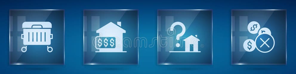 Set Trash Can, House with Dollar, Question Mark and No Money. Square ... Set Trash Can, House with Dollar, Question Mark and No Money. Square ...