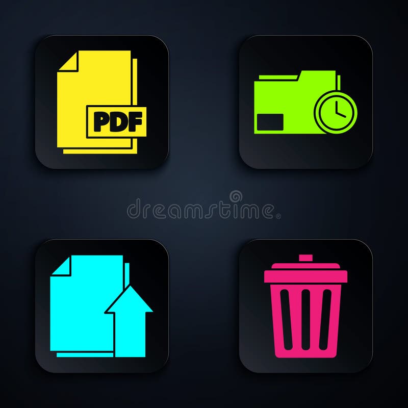 Set Trash Can, PDF File Document, Upload File Document and Document Folder with Clock. Black ...
