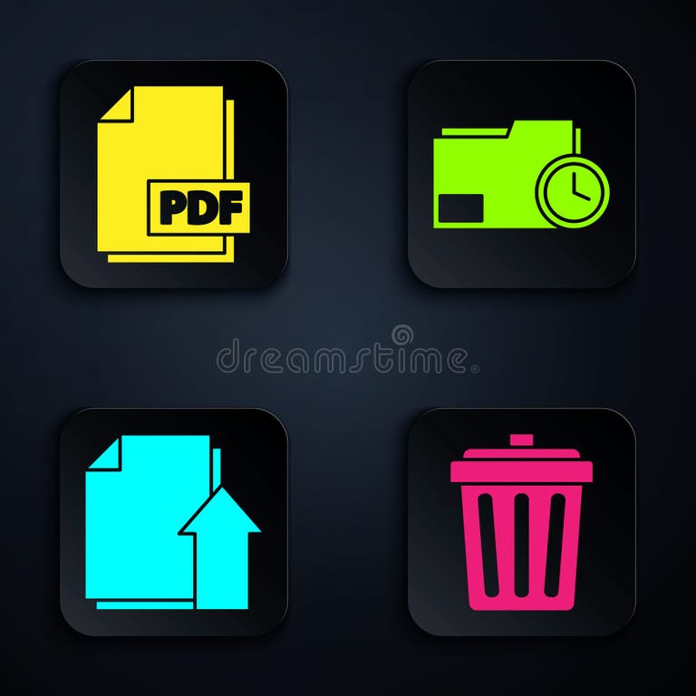 Set Trash Can, PDF File Document, Upload File Document and Document Folder with Clock. Black ...