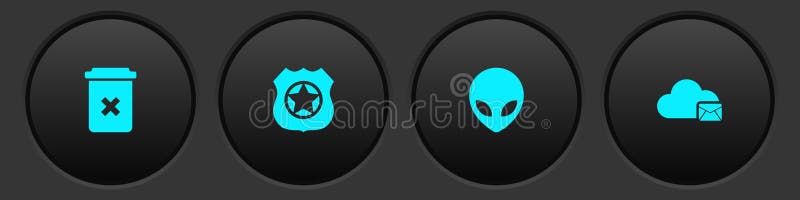 Set Trash Can, Police Badge, Alien and Cloud Mail Server Icon. Vector ... Set Trash Can, Police Badge, Alien and Cloud Mail Server Icon. Vector ...