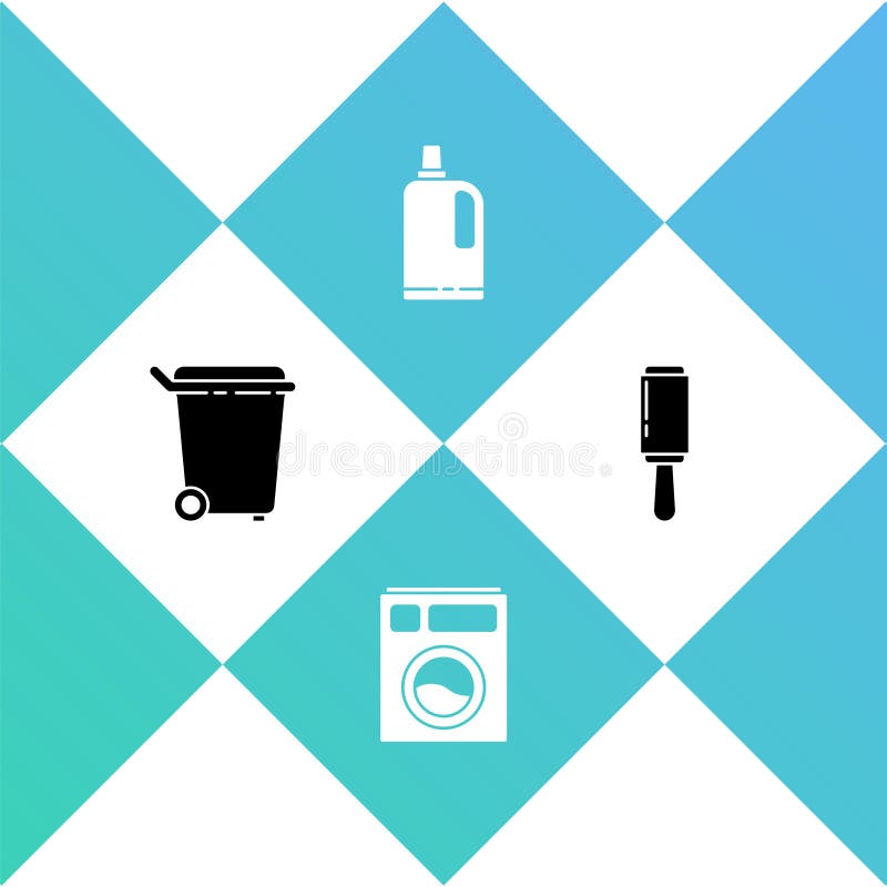 Set Trash Can, Washer, Fabric Softener and Adhesive Roller Icon. Vector ...