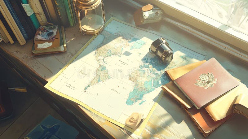 A Set of Travel Essentials, Including a Passport and a Map, Styled on ...