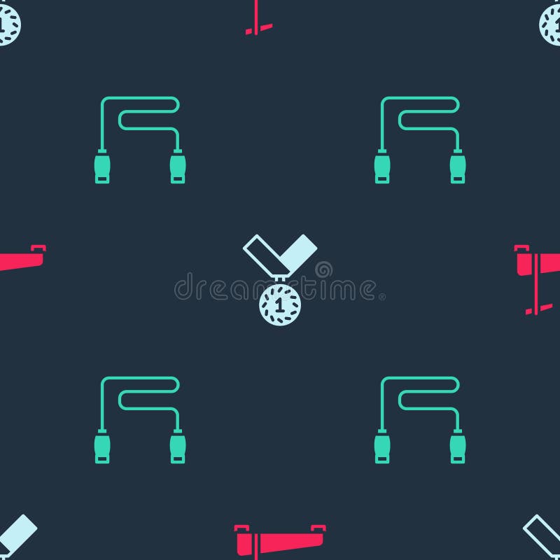 Set Treadmill Machine, Medal and Jump Rope on Seamless Pattern. Vector ...