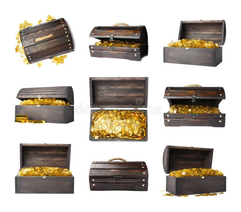 Set with Treasure Chests Full of Gold Coins on White Background. Banner ...