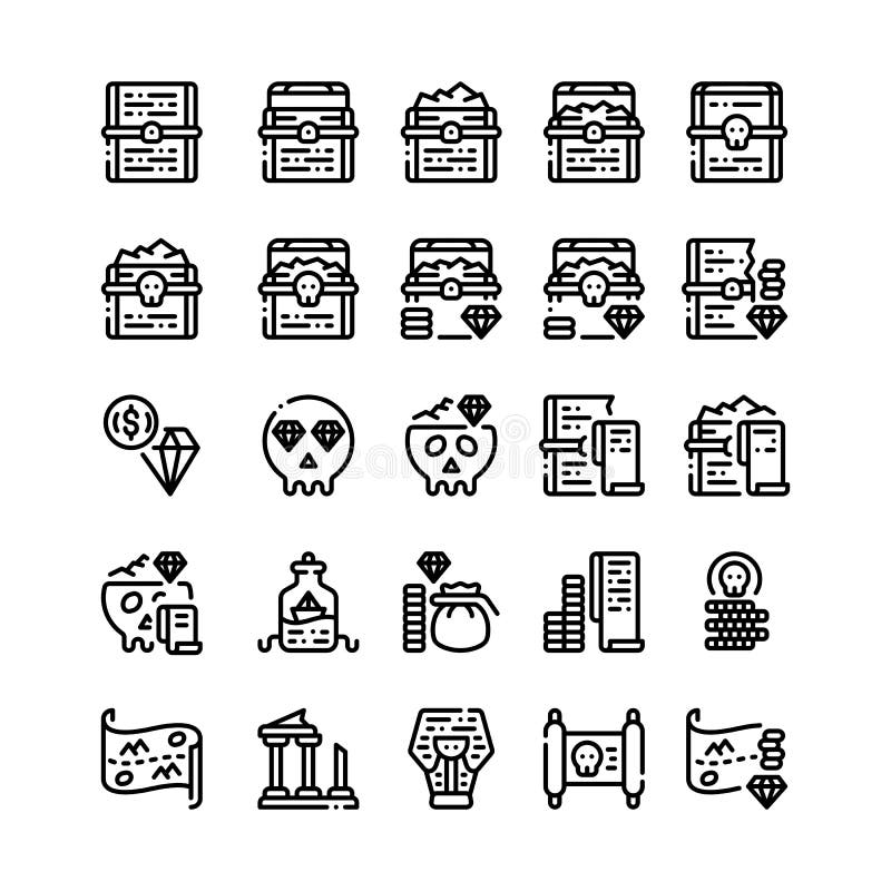 Set of Treasure, Treasure Trove Outline Style Icon and Illustration ...
