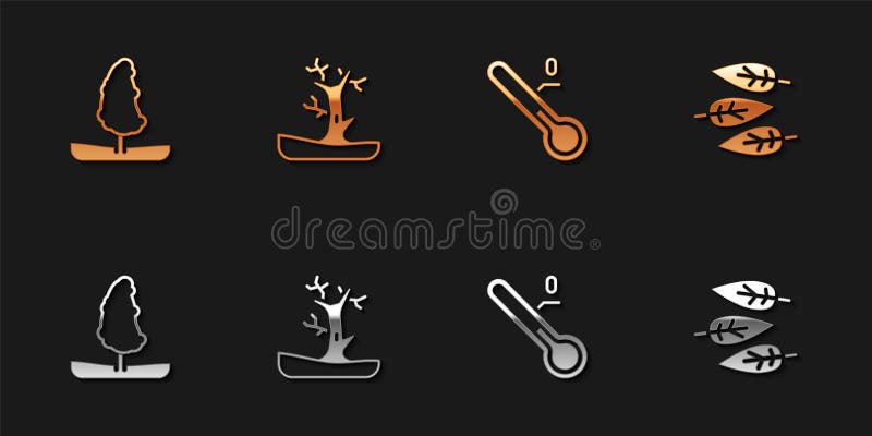 Set Tree, Bare Tree, Meteorology Thermometer and Leaf Leaves Icon ...