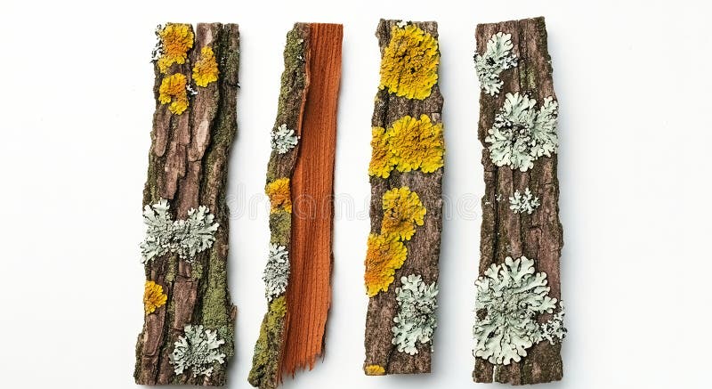 Set Tree Bark with Lichen Isolated on White Background and Texture ...