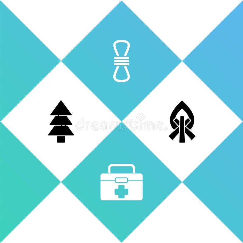 Set Tree First Aid Kit Climber Rope and Campfire Icon. Vector ...