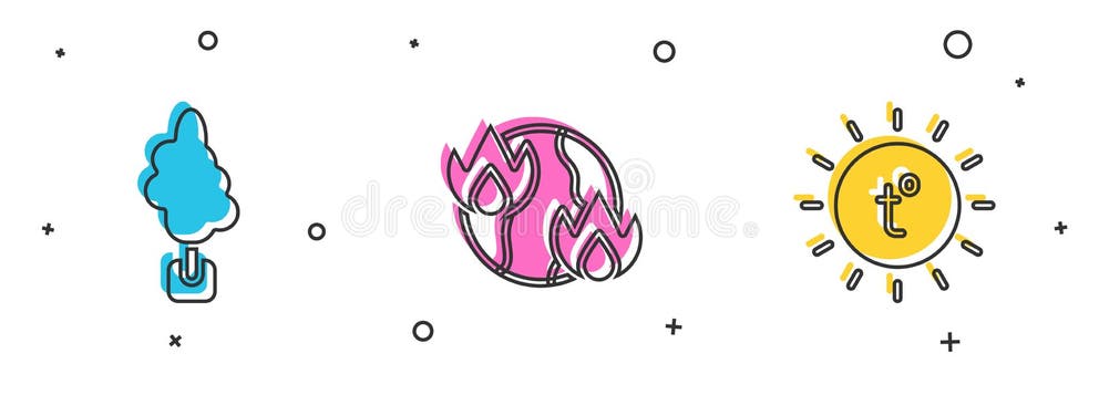 Set Tree, Global Warming Fire and Sun Icon. Vector Stock Vector ...