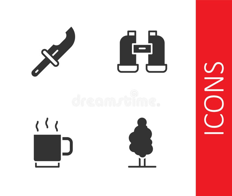 Set Tree, Hunter Knife, Coffee Cup and Binoculars Icon. Vector Stock ...