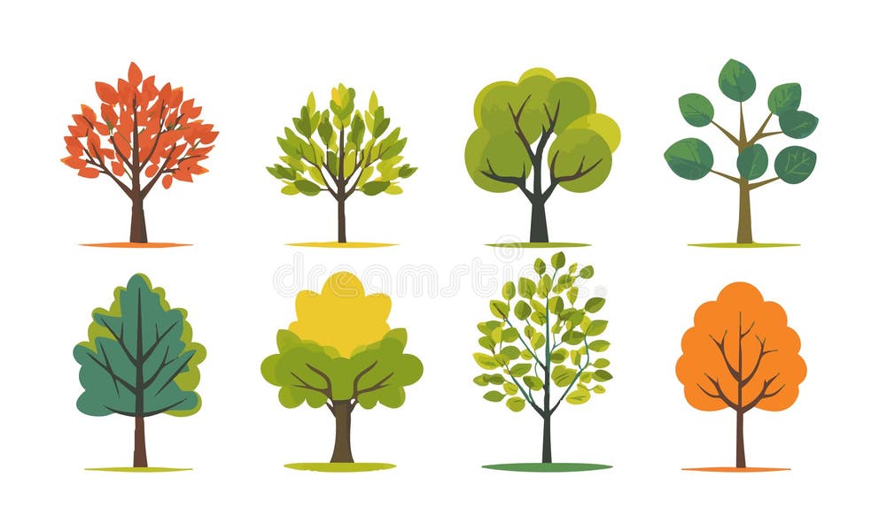 Set of Tree and Leaf Collection Hand Drawn Flat Design Vector Element ...