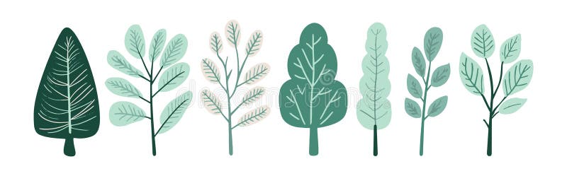Set of Tree and Leaf Collection Hand Drawn Flat Design Vector Element ...