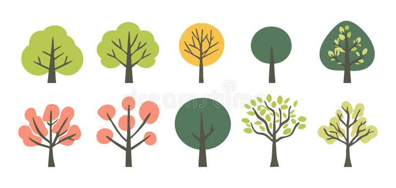Set of Tree and Leaf Collection Hand Drawn Flat Design Vector Element ...