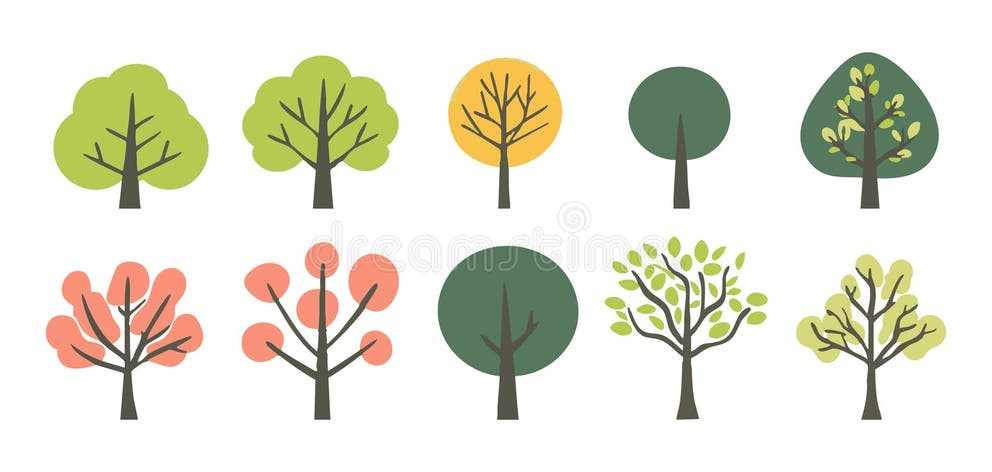 Set of Tree and Leaf Collection Hand Drawn Flat Design Vector Element ...