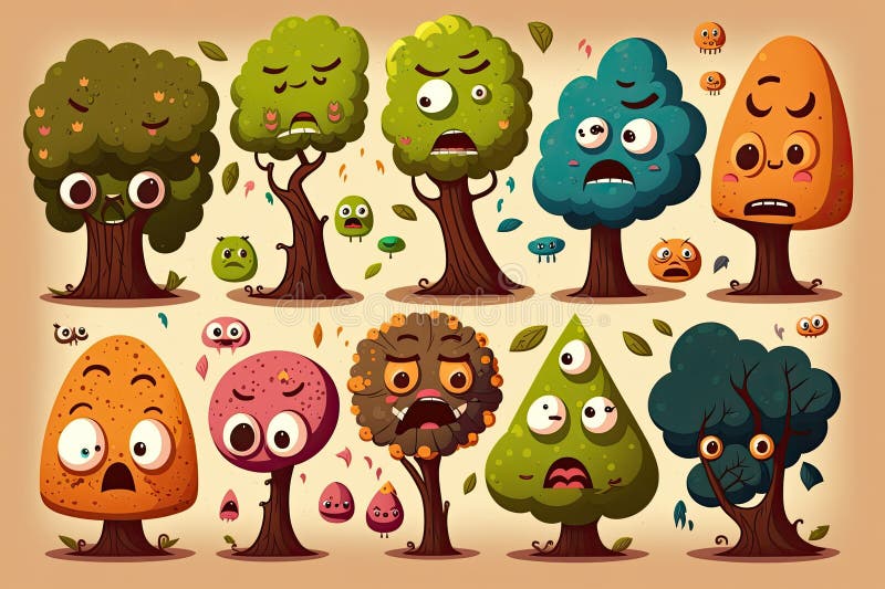 Set of Trees with Different Emotions. Design of Stickers, Logos Stock ...