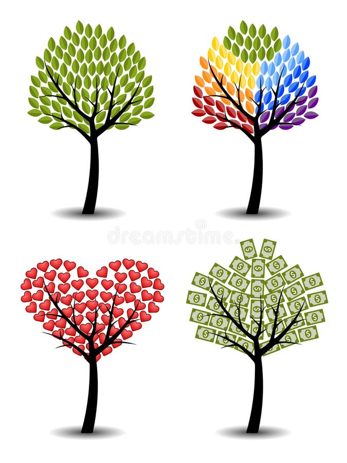 Set of Trees. Eco, Rainbow, Hearts, Money. Stock Vector - Illustration ...
